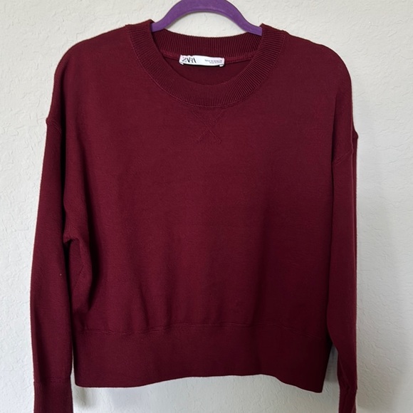 Zara | Sweaters | Zara Burgundy Crew Neck Sweater Soft Knit Casual ...